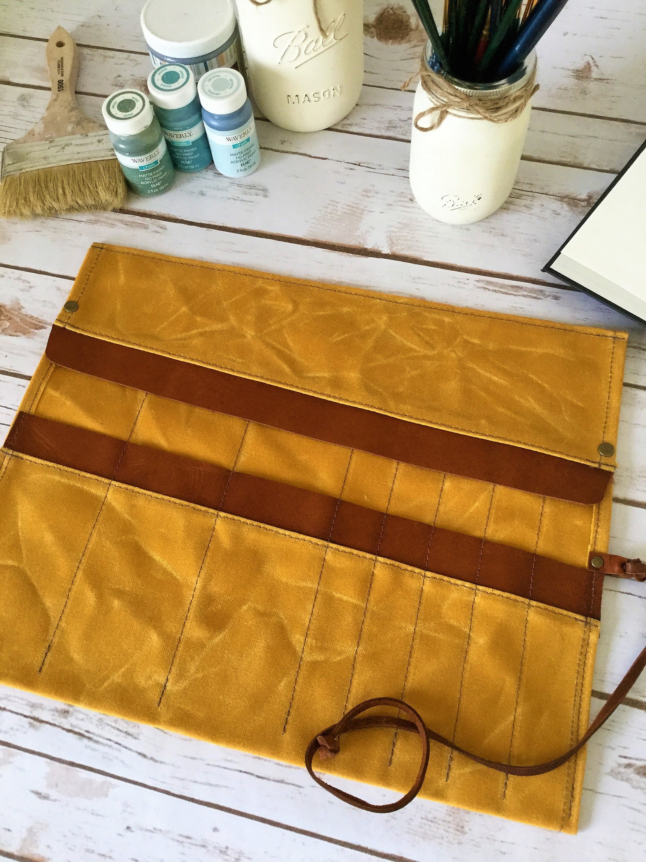 Waxed Canvas Paint Brush Roll, Artist Roll, Paint Brush Organizer ...