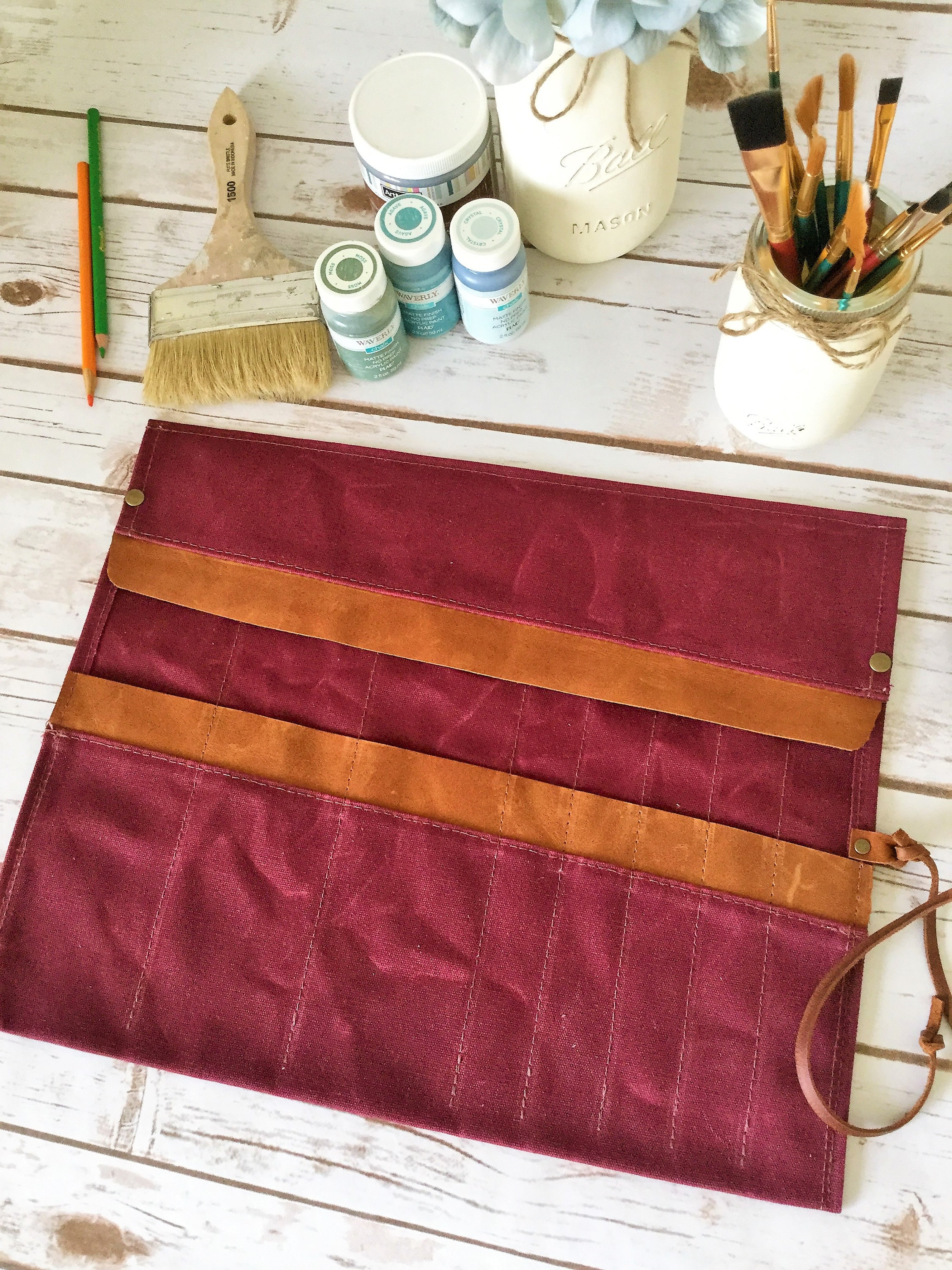 Waxed Canvas Paint Brush Roll, Artist Roll, Paint Brush Organizer ...