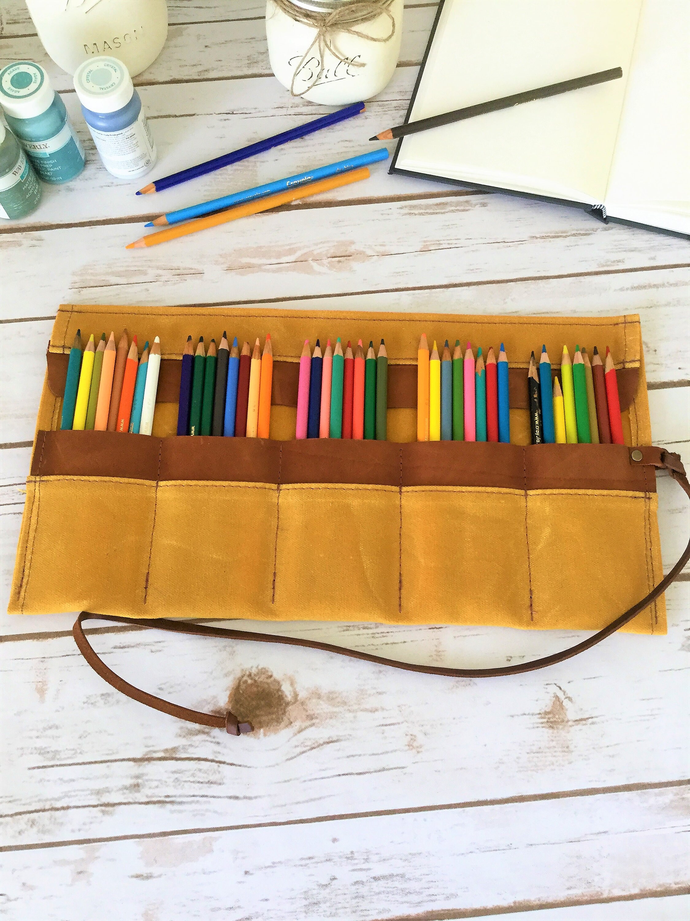 Waxed canvas personalized Pencil Roll, pencil case, Pencil Roll Up Case ...
