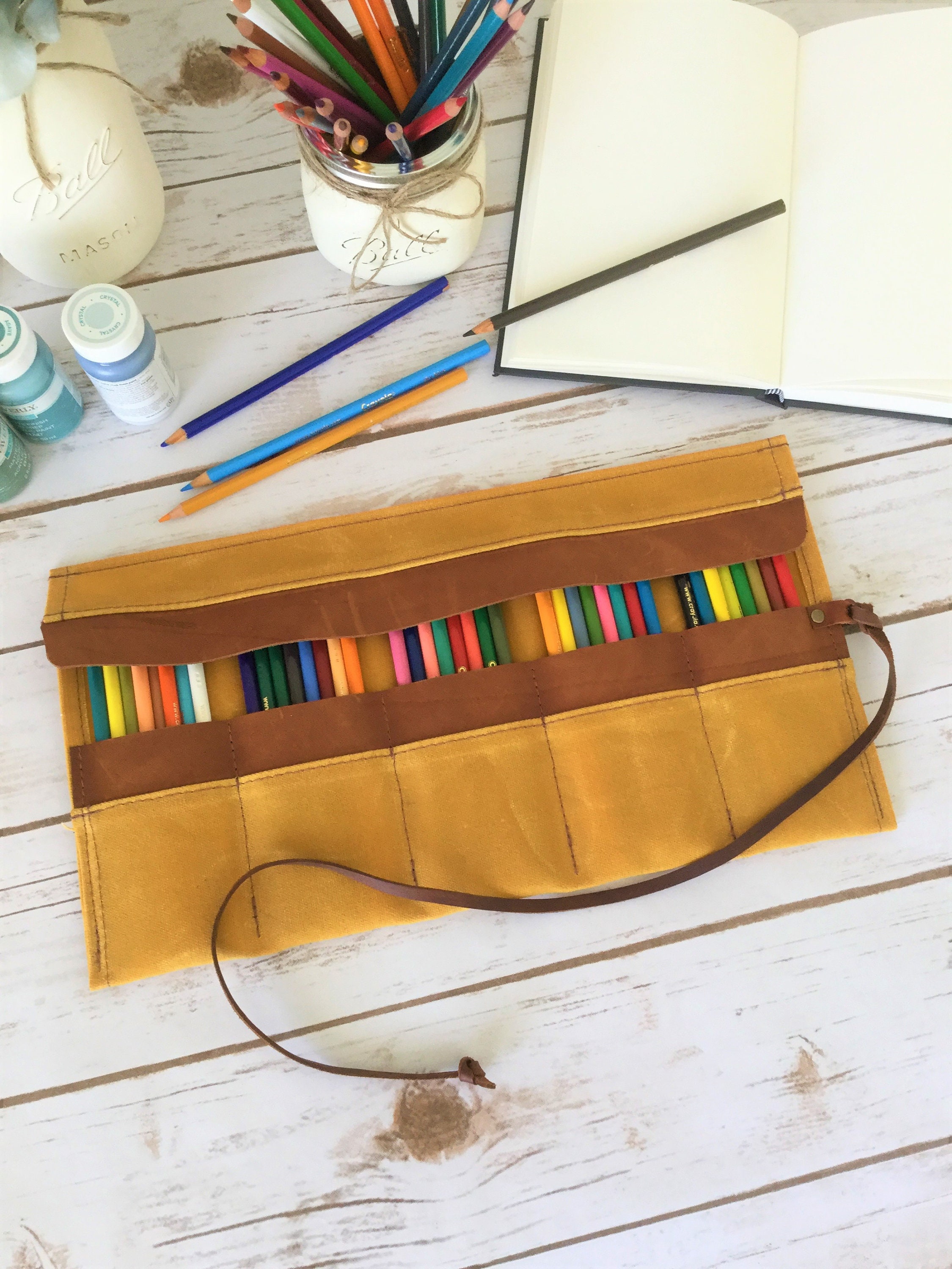 Waxed canvas personalized Pencil Roll, pencil case, Pencil Roll Up Case ...