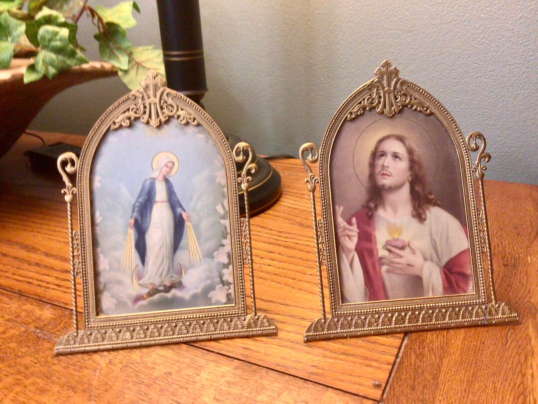 Vintage Catholic Religious Jesus Mary Ornate Brass Altar Easel Back ...