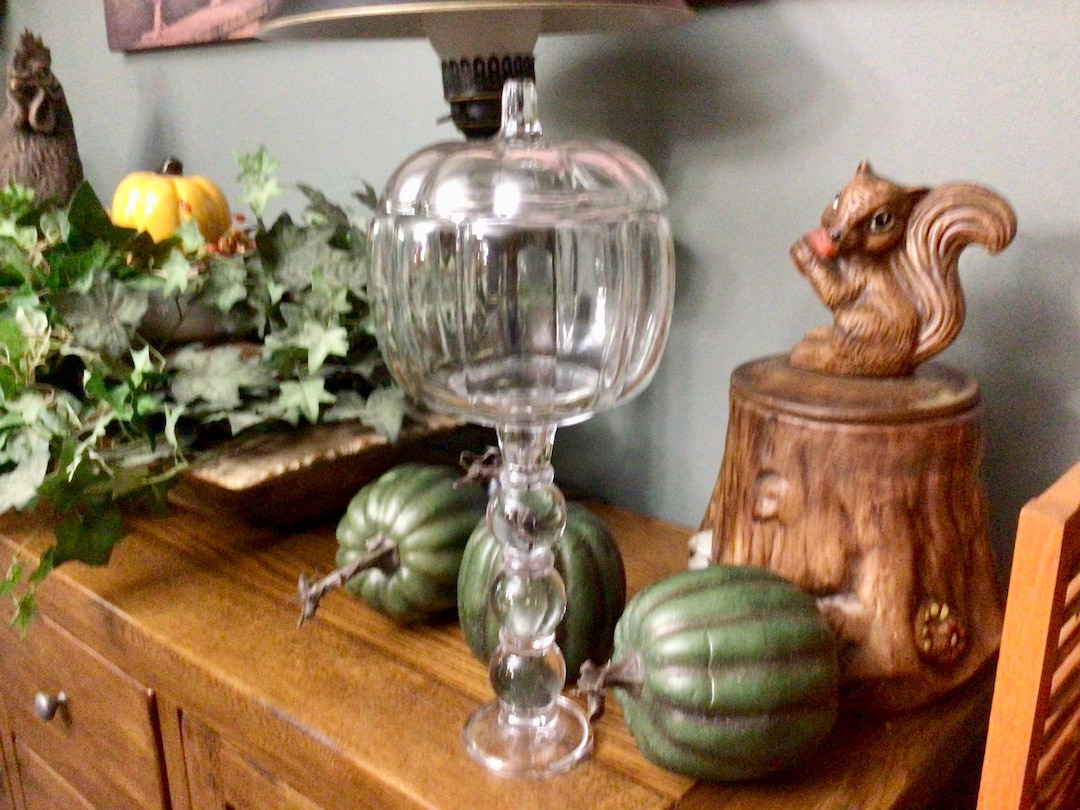 Vintage Tall Clear Glass Pumpkin on Pedestal With Lid Harvest Halloween ...