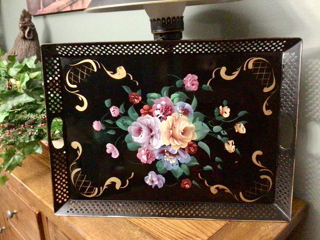 Vintage Large Black Metal Painted Floral Serving Tray With - Etsy