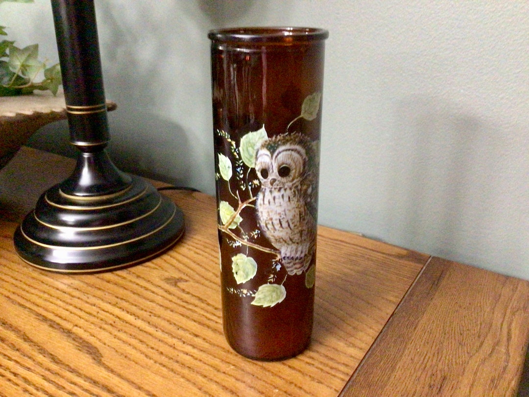 Vintage Tall Brown Owl Glass Jar Candle Spooky Halloween Fall Pillar ...