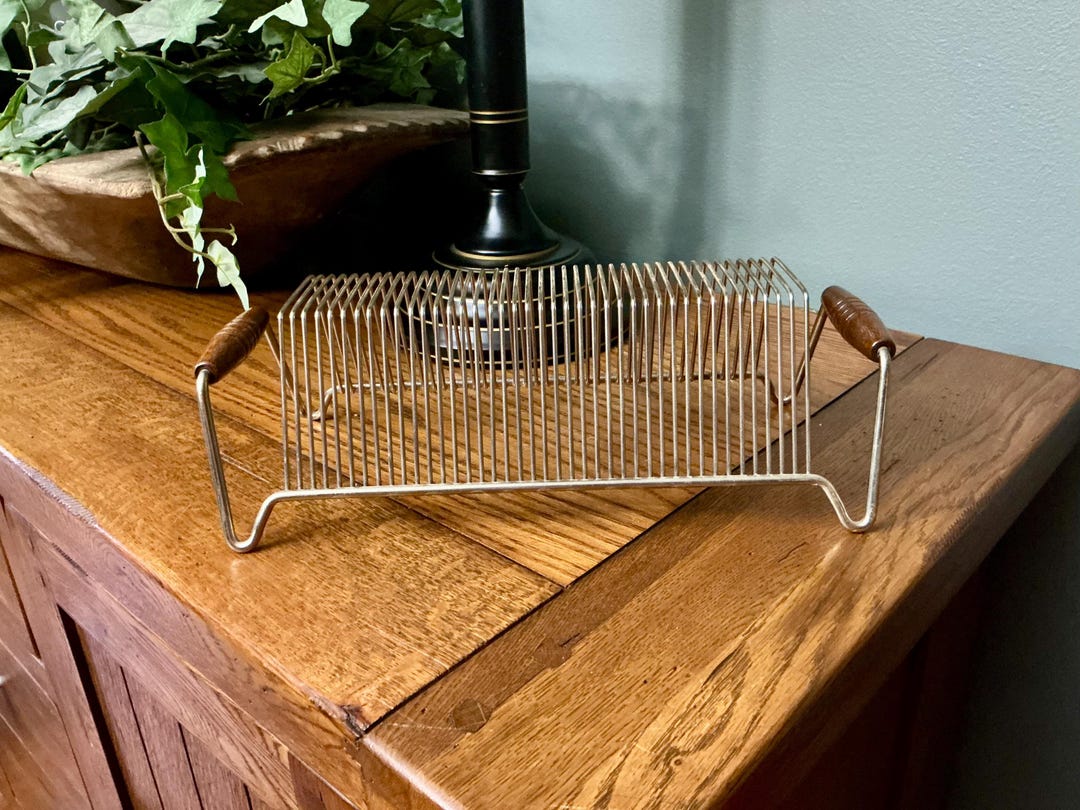 Vintage MCM Gold Metal Wooden Handled Record 45 RPM Rack Records ...