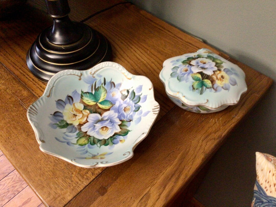 Vintage Ucagco Lidded Trinket Box With Matching Bowl Blue Floral Rose ...