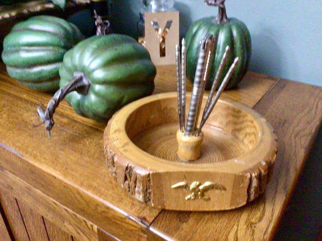 Vintage Small Wooden Nut Dish Gold Eagle Tree Trunk Nutcracker Holiday ...