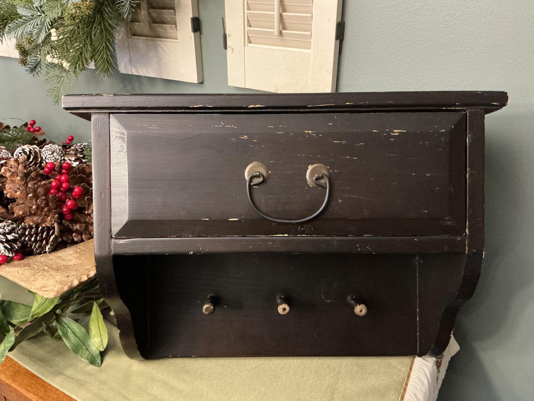 Vintage Wooden Black Shabby Chic Shelf With Drawers Spindles Decorative ...