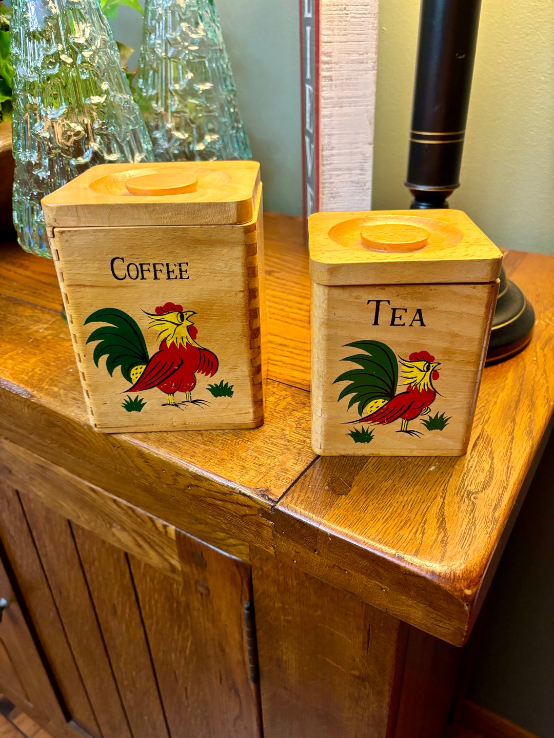 Vintage Small Wooden Rooster Coffee Tea Canister Set - Etsy
