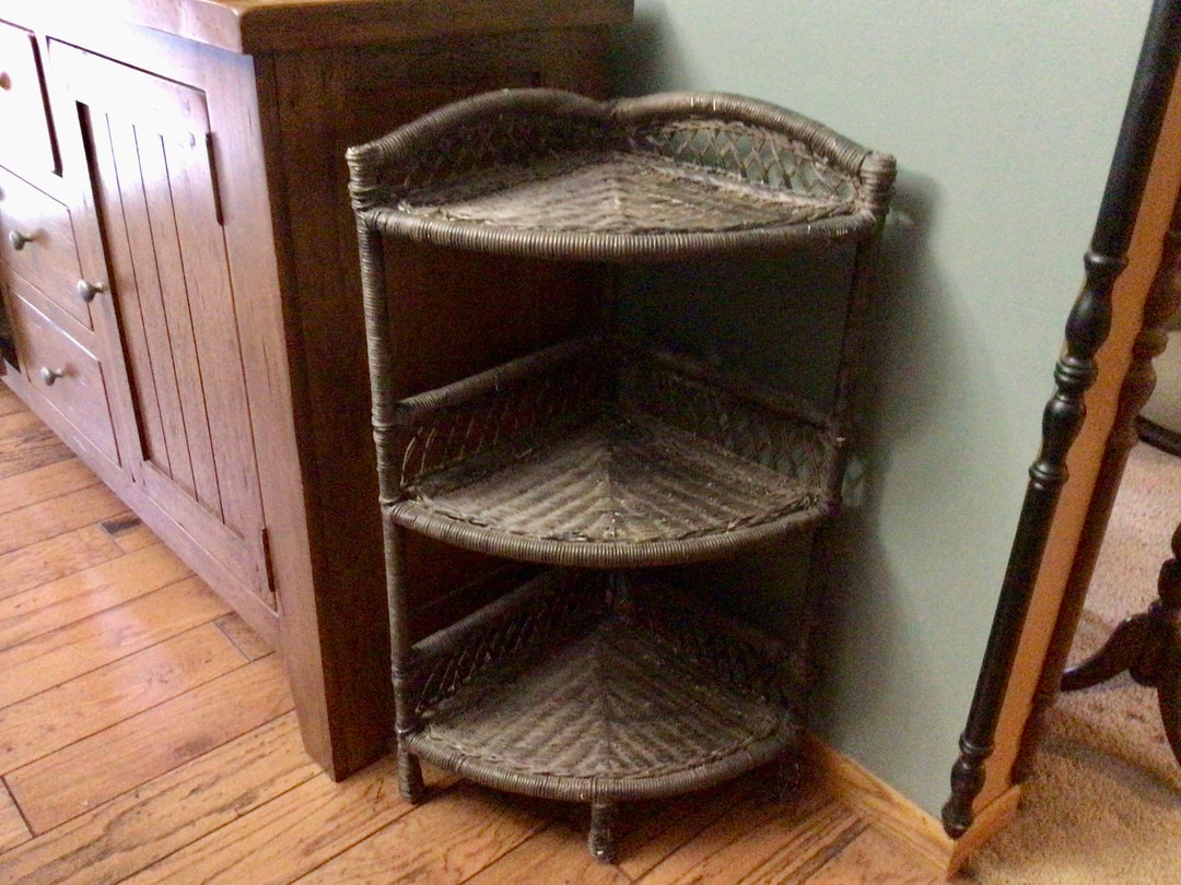 Vintage Tall Wicker Rattan Corner Standing Shelved Stand MCM Boho ...