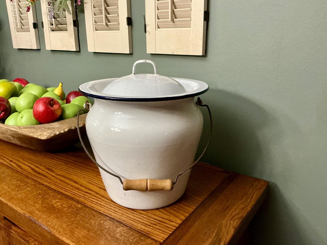 Vintage White Black Enamelware Wooden Handle Chamber Commode Pot With ...