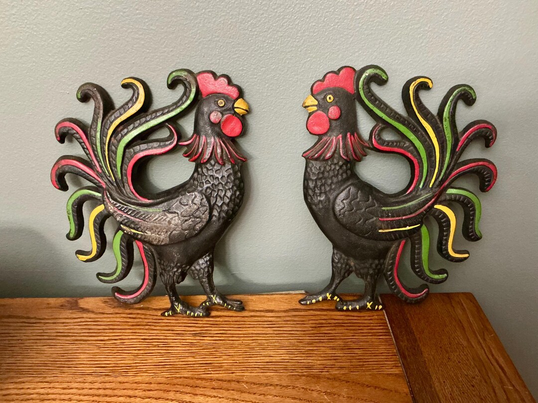 Vintage Heavy Heavy Cast Iron Pair of Rooster Kitchen Farm Country ...