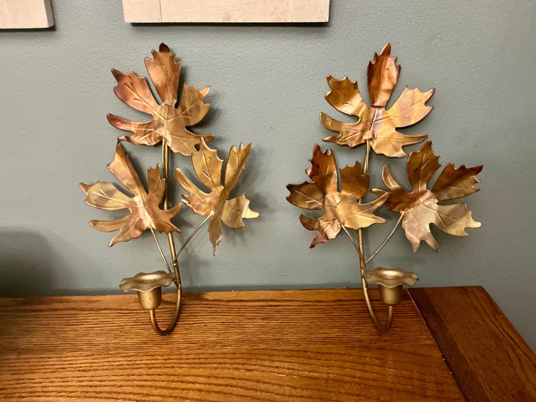 Vintage Pair Copper Gold Leaves Wall Candle Sconces Fall Harvest Decor ...
