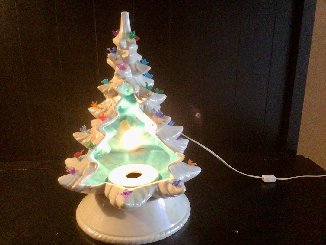 Vintage White Ceramic Light up Christmas Tree With Birds Holiday Decor ...