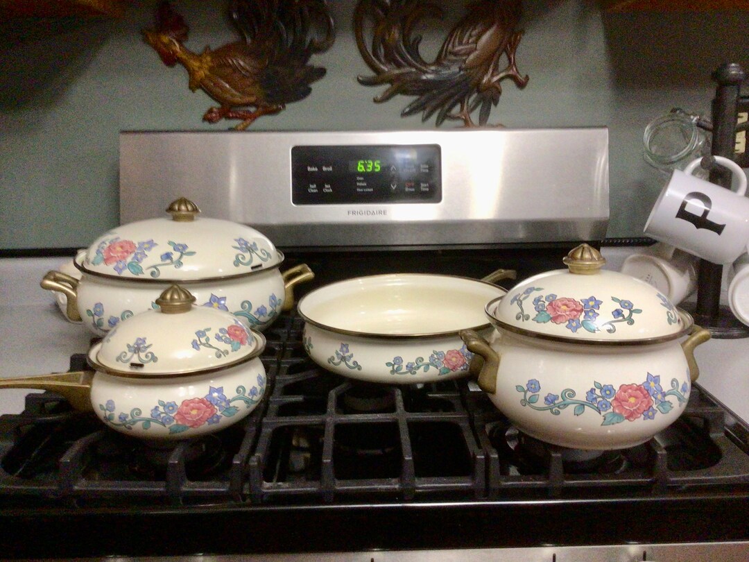 Vintage Normandy 7 Piece Floral Pots and Pans With Lids Enamel - Etsy