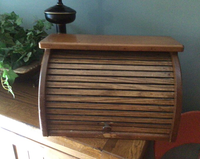 Vintage Large Wooden Bread Box Roll Top Restaurant Kitchen Bread Bagel ...