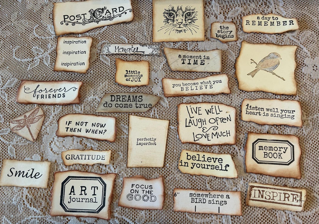 25 Variety Hand Torn Stamped Distressed Words & Images With Brown ...