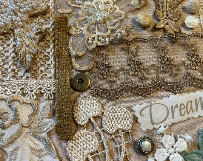 30 Slow Stitch Fabric Textile Kit Vintage Fussy Cut Coffee Dyed Lace ...