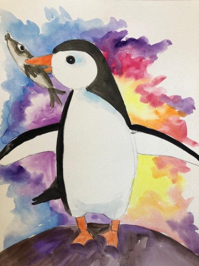 RAINBOW PENGUIN Paintings Winter Art Lesson by Art Teacher in LA Art ...