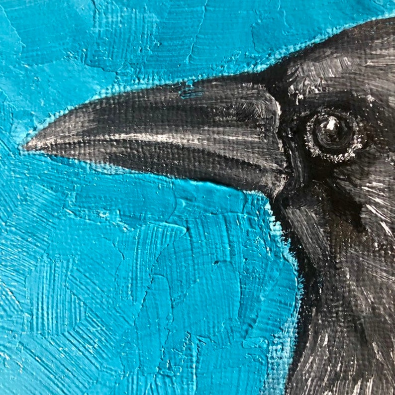 Raven on Indigo- Original Oil Painting on 8x8 Wood Panel. Black and ...