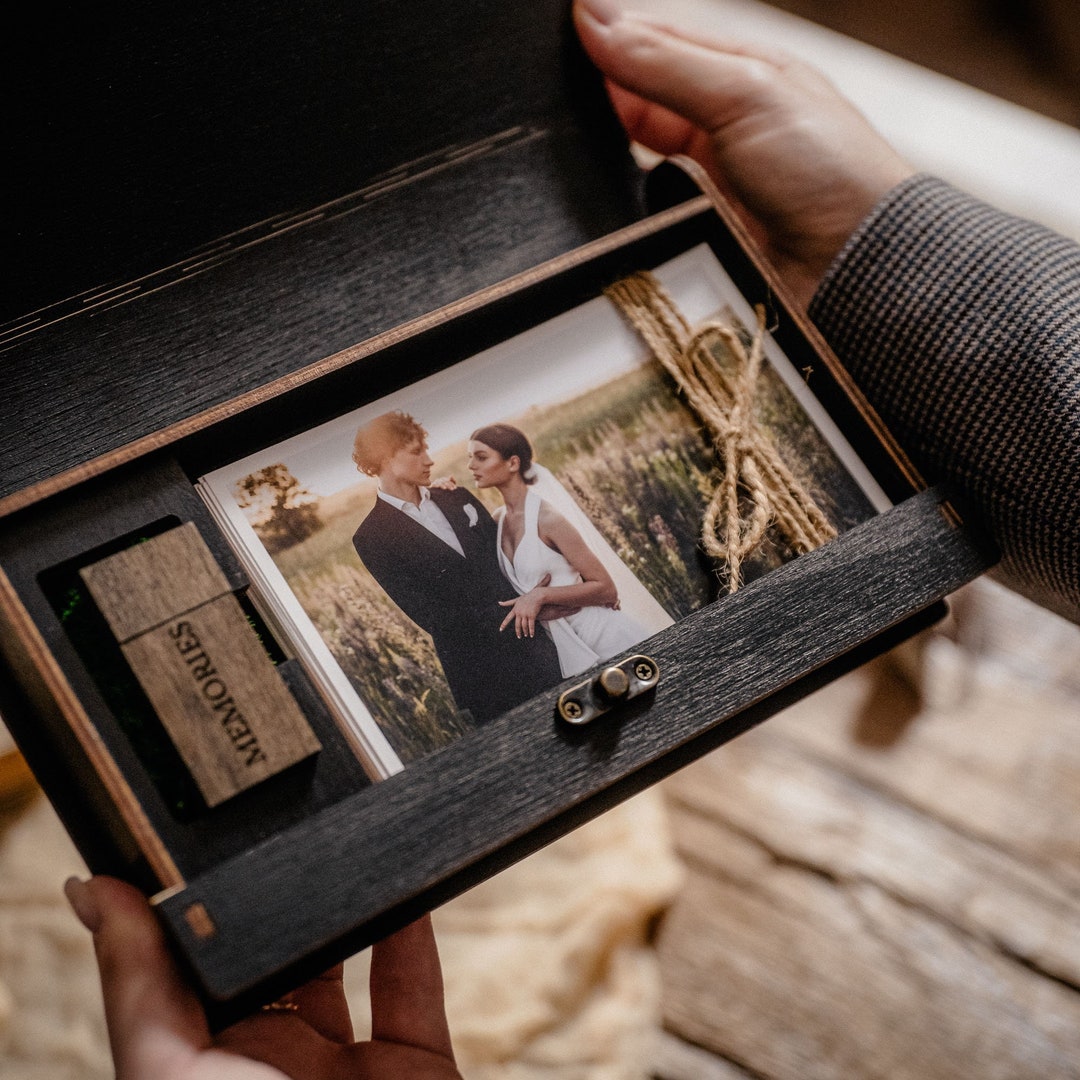 Elegant Wooden Wedding Photo Box for 4x6" Prints and USB Drive ...