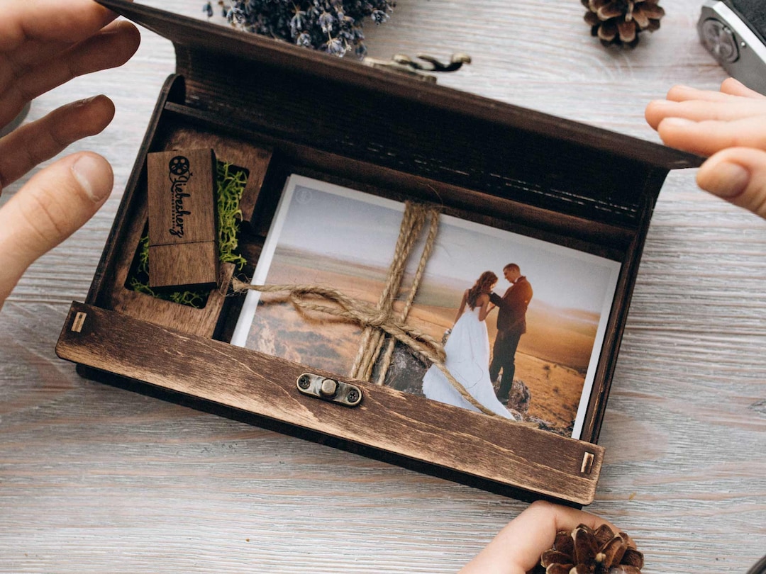6x8 Photo Box for Wedding Prints With USB Flash Drive 3.0, Wooden Photo ...