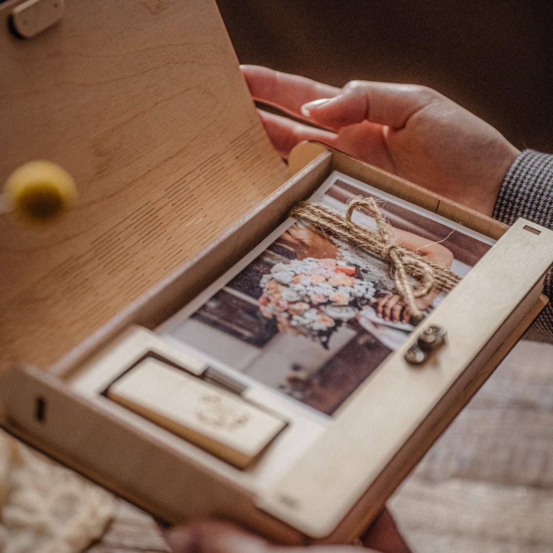 Engraved Wedding Photo Box for 4x6 Prints and USB Drive, Cherish ...