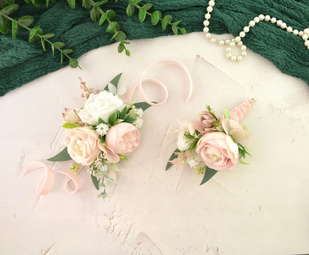 Prom Corsage and Boutonniere Blush Pink White Prom Buttonhole for Man ...