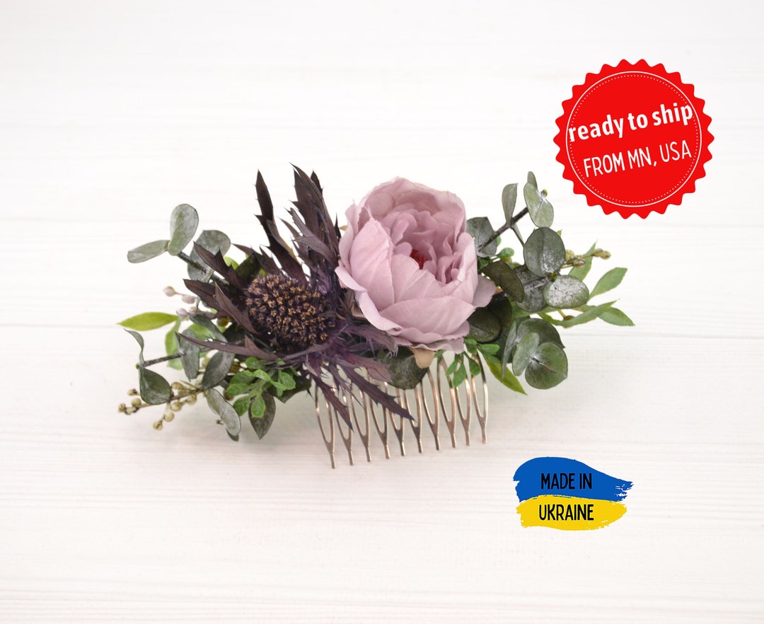 Dusty Purple Flower Comb Peony Flower for Hair Purple Thistle Headpiece ...