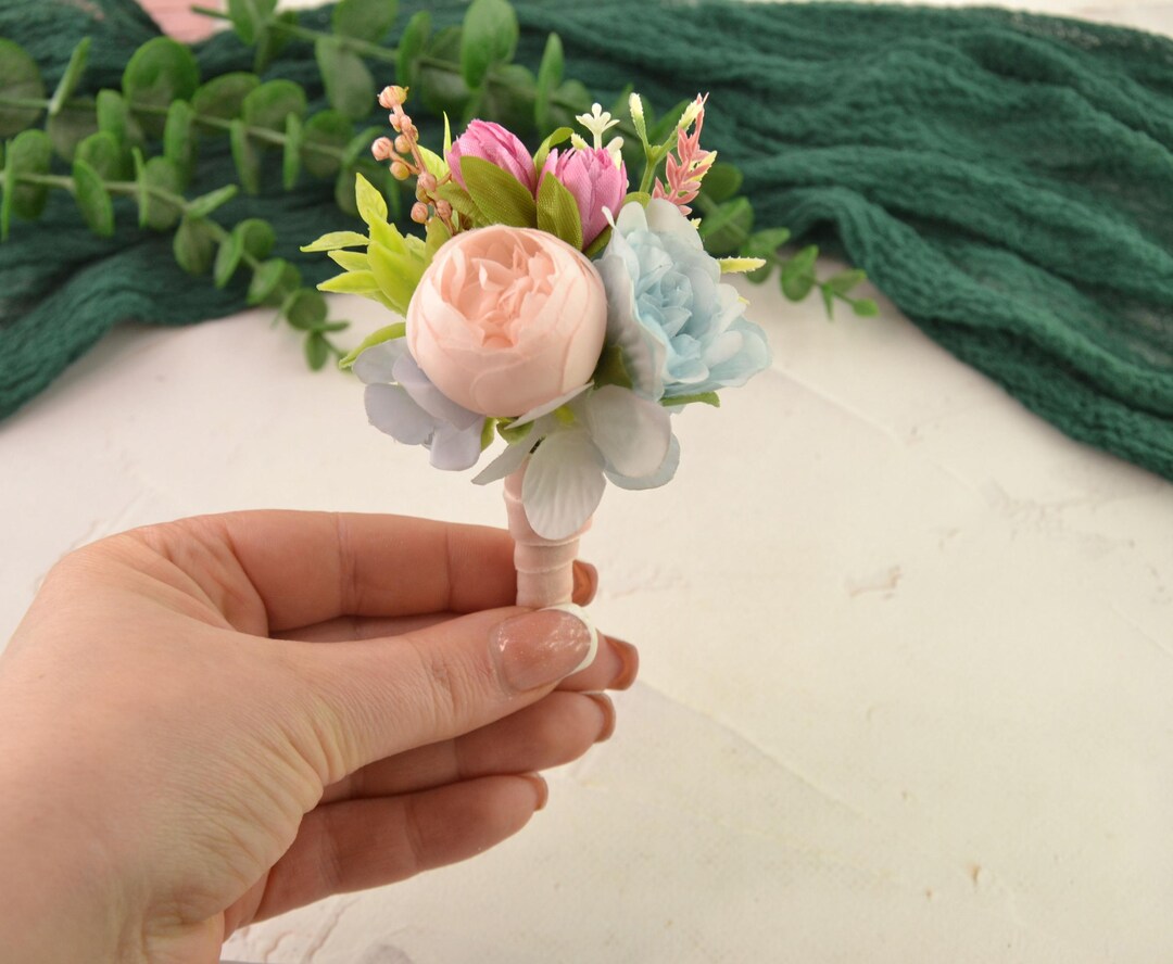 Light Blue Pink Buttonhole Pin Boutonniere Prom Fake Flower Buttonhole ...
