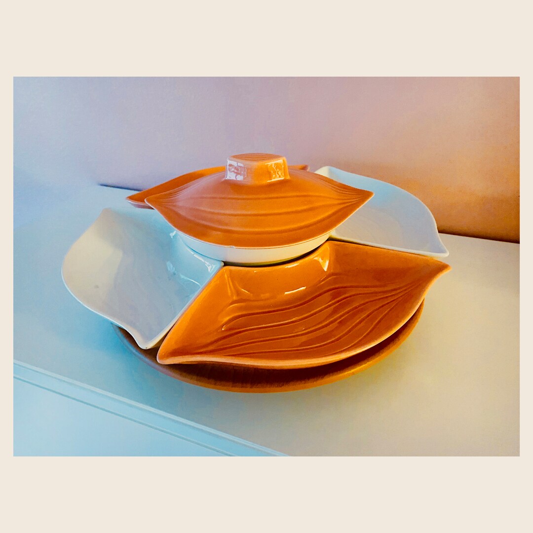 Vintage MCM Lazy Susan Appetizer Set, Pink & White California Pottery ...