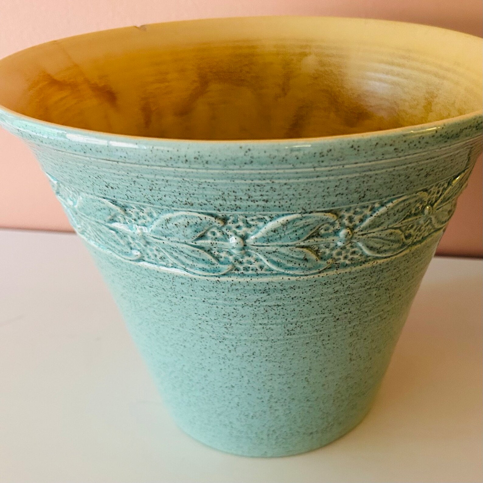 Mid-century Blue Speckled Red Wing Planter // Aqua Ceramic Round Plant ...