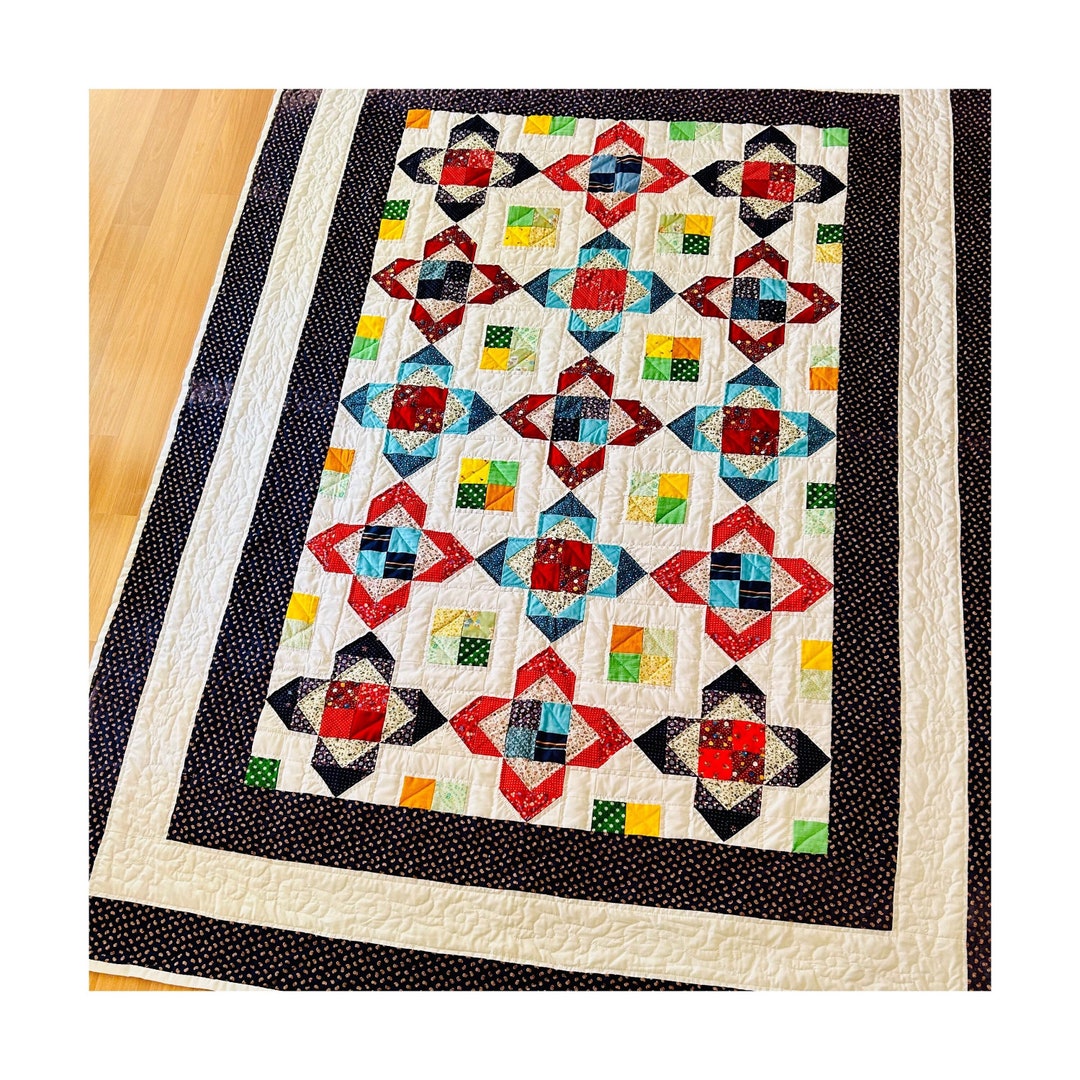 Handmade Vintage 70s Floral Patchwork Quilt Boho Navy, White, Red ...