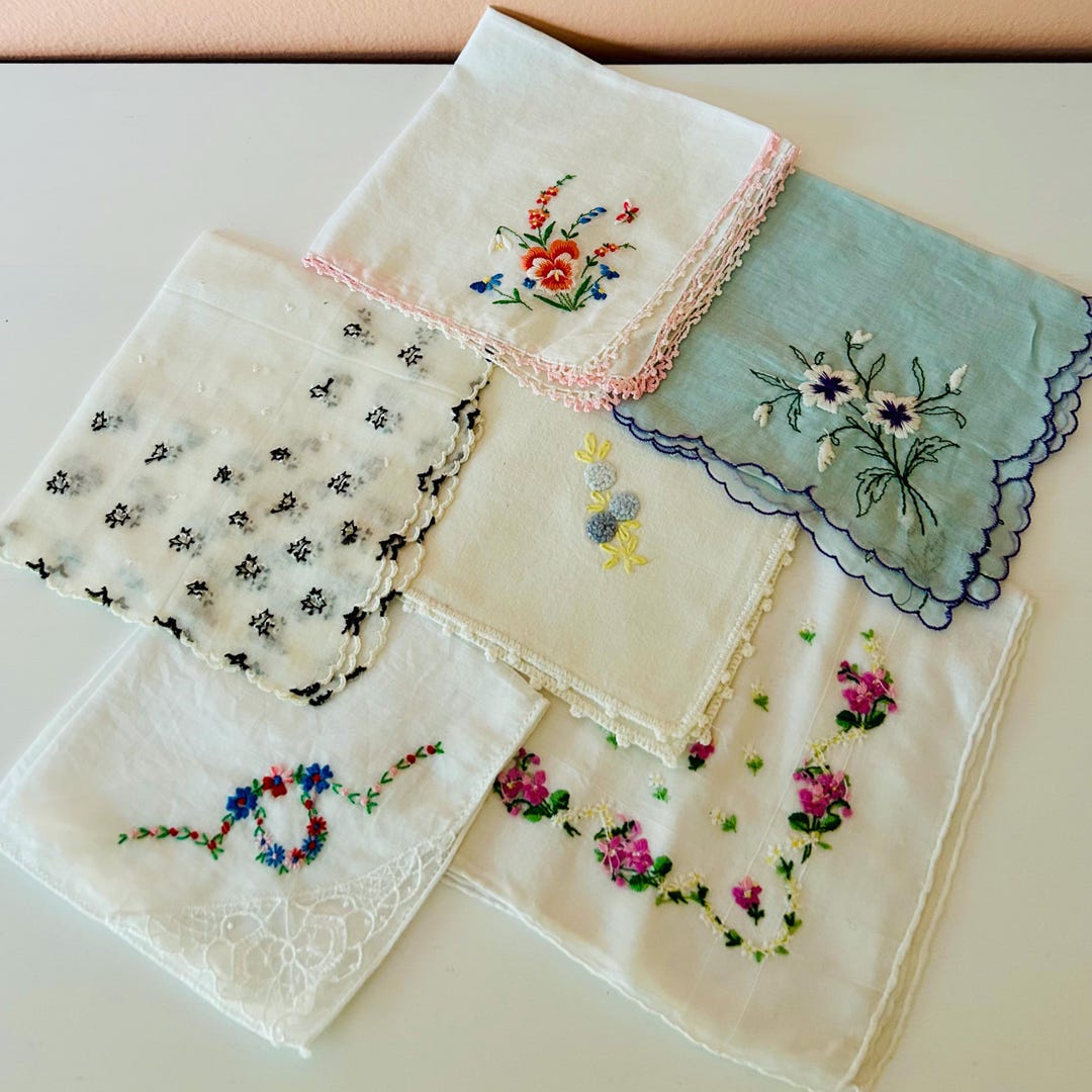 Six Vintage Cotton Embroidered Floral Handkerchiefs // Lot of Mid ...