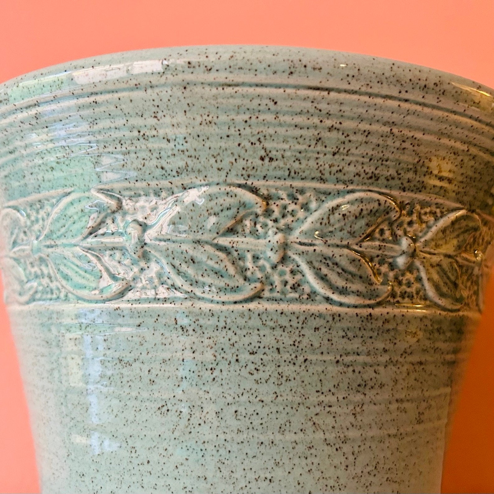 Mid-century Blue Speckled Red Wing Planter // Aqua Ceramic Round Plant ...