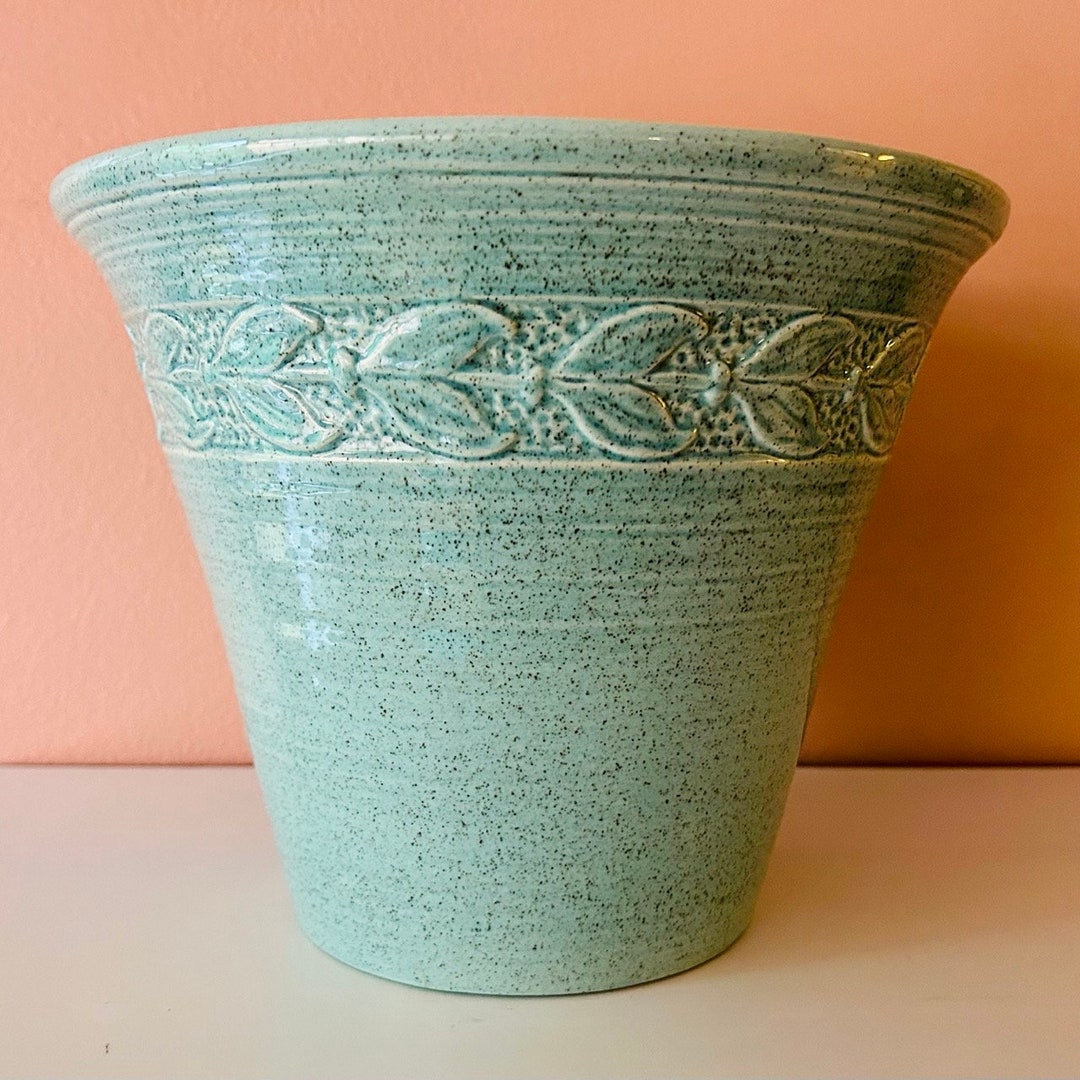 Mid-century Blue Speckled Red Wing Planter // Aqua Ceramic Round Plant ...