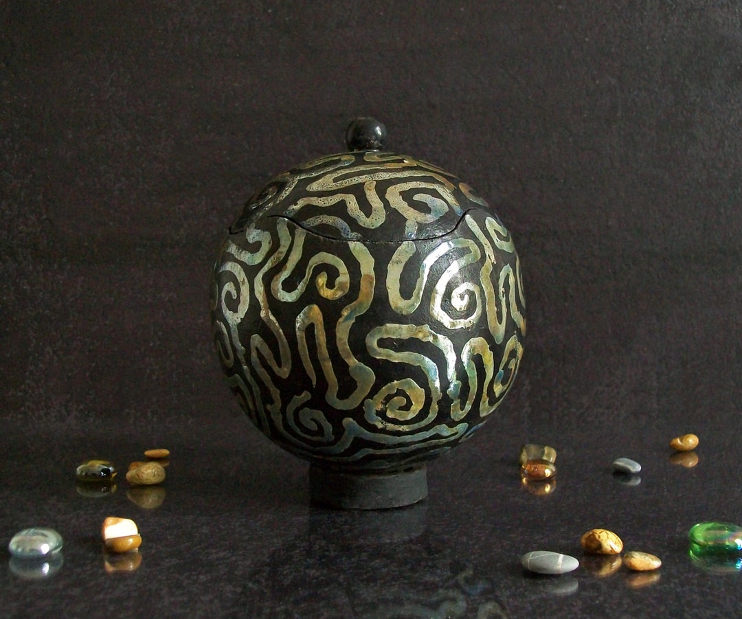 Raku Ceramic Jar Black With Golden Pattern, Brain Coral Jewelry Box ...
