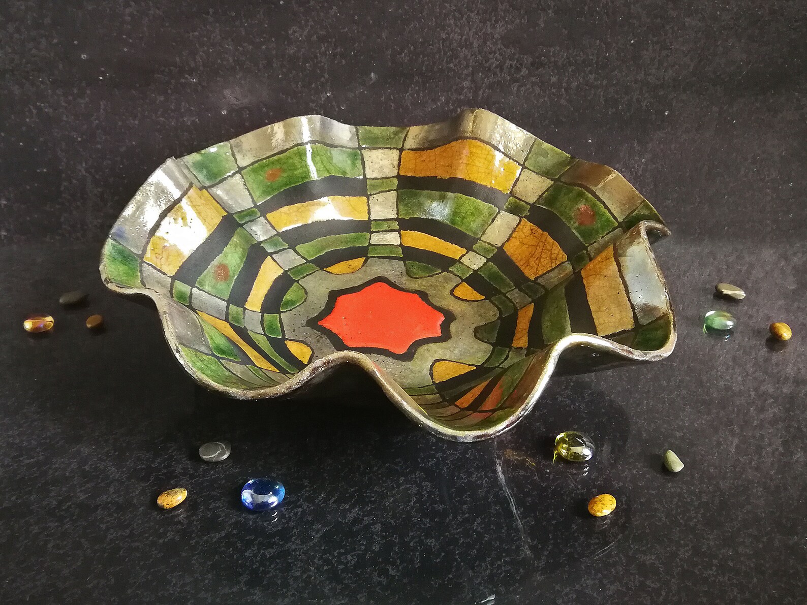 Raku pottery wave bowl decorated with abstract green orange | Etsy