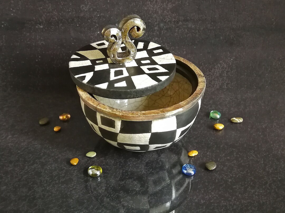 Raku Ceramic Jewelry Box / Jar With Geometric Mosaic Pattern Black and ...