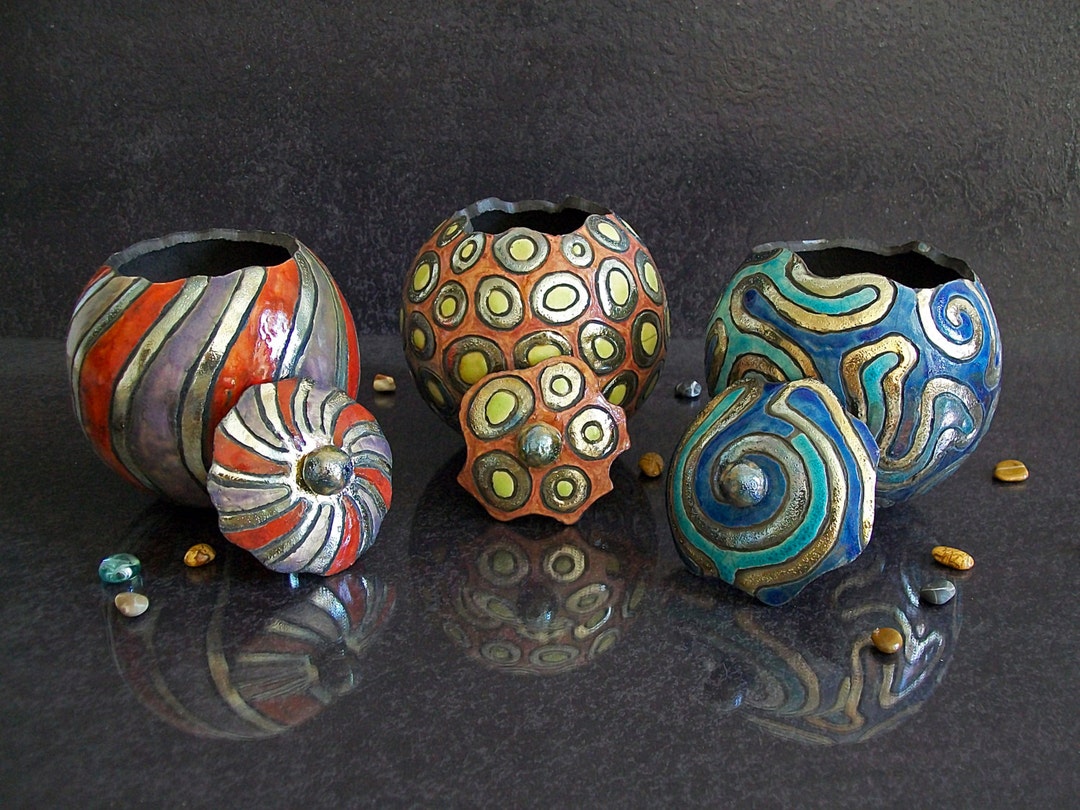 Colorful Raku Ceramic Jar Set – Handcrafted Lidded Spheres for Jewelry ...