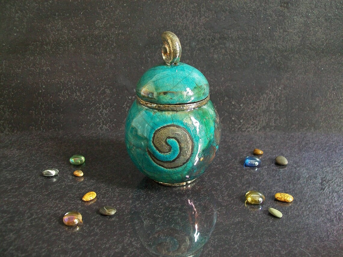 Round Raku Ceramic Lidded Jar or Jewelry Box With Golden | Etsy