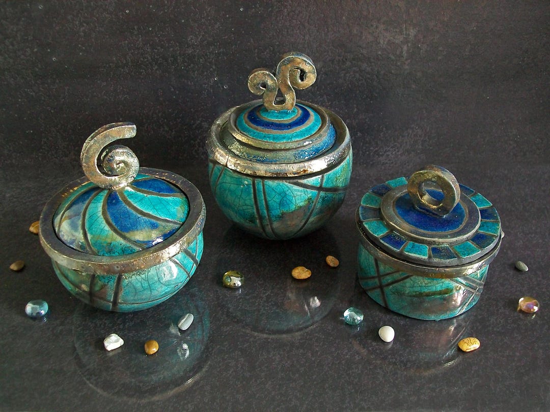 Raku Jars Trio 'dancing Geometries' - Unique Artisanal Ceramic ...