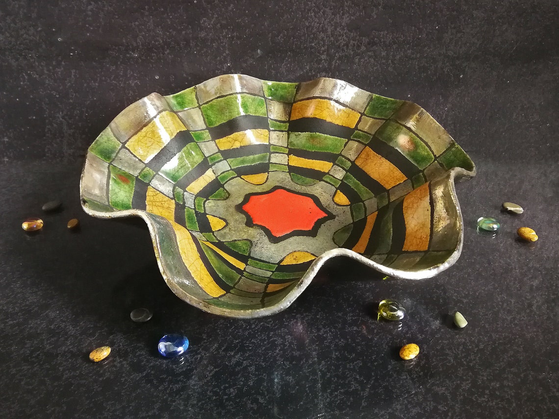 Raku pottery wave bowl decorated with abstract green orange | Etsy