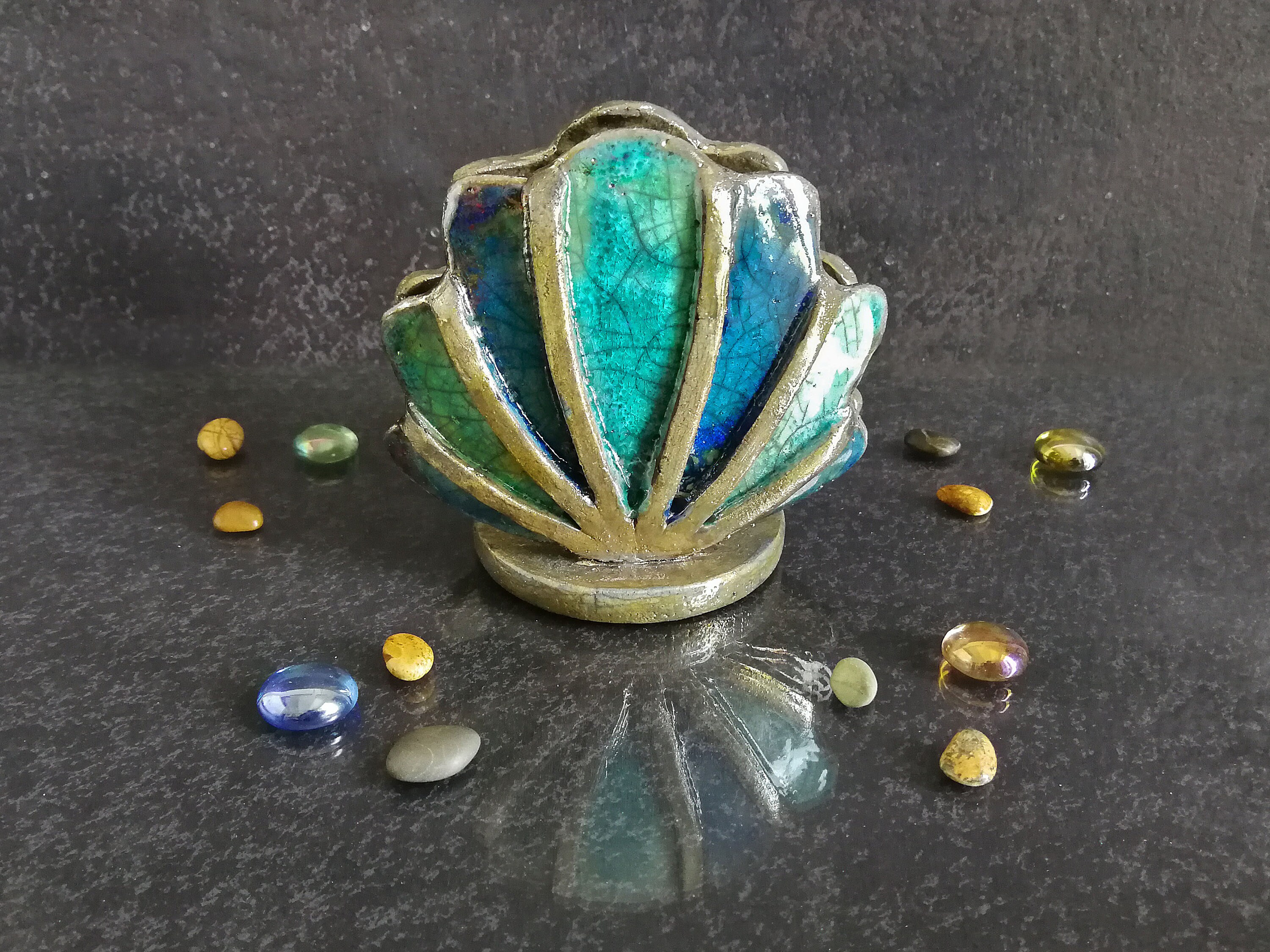 Raku pottery sea shell desk letter holder or sponge holder | Etsy