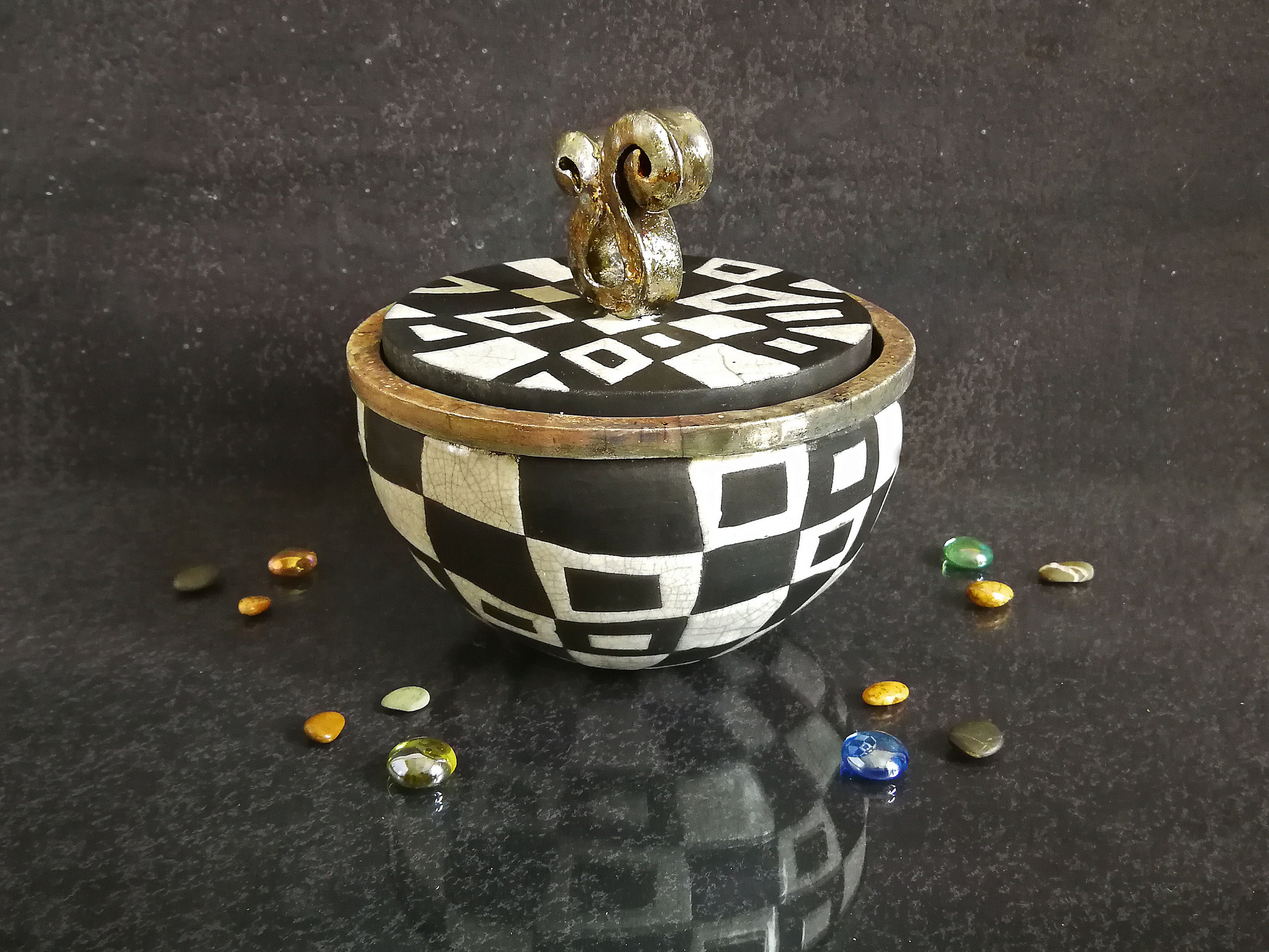 Raku ceramic jewelry box / jar with geometric mosaic pattern | Etsy