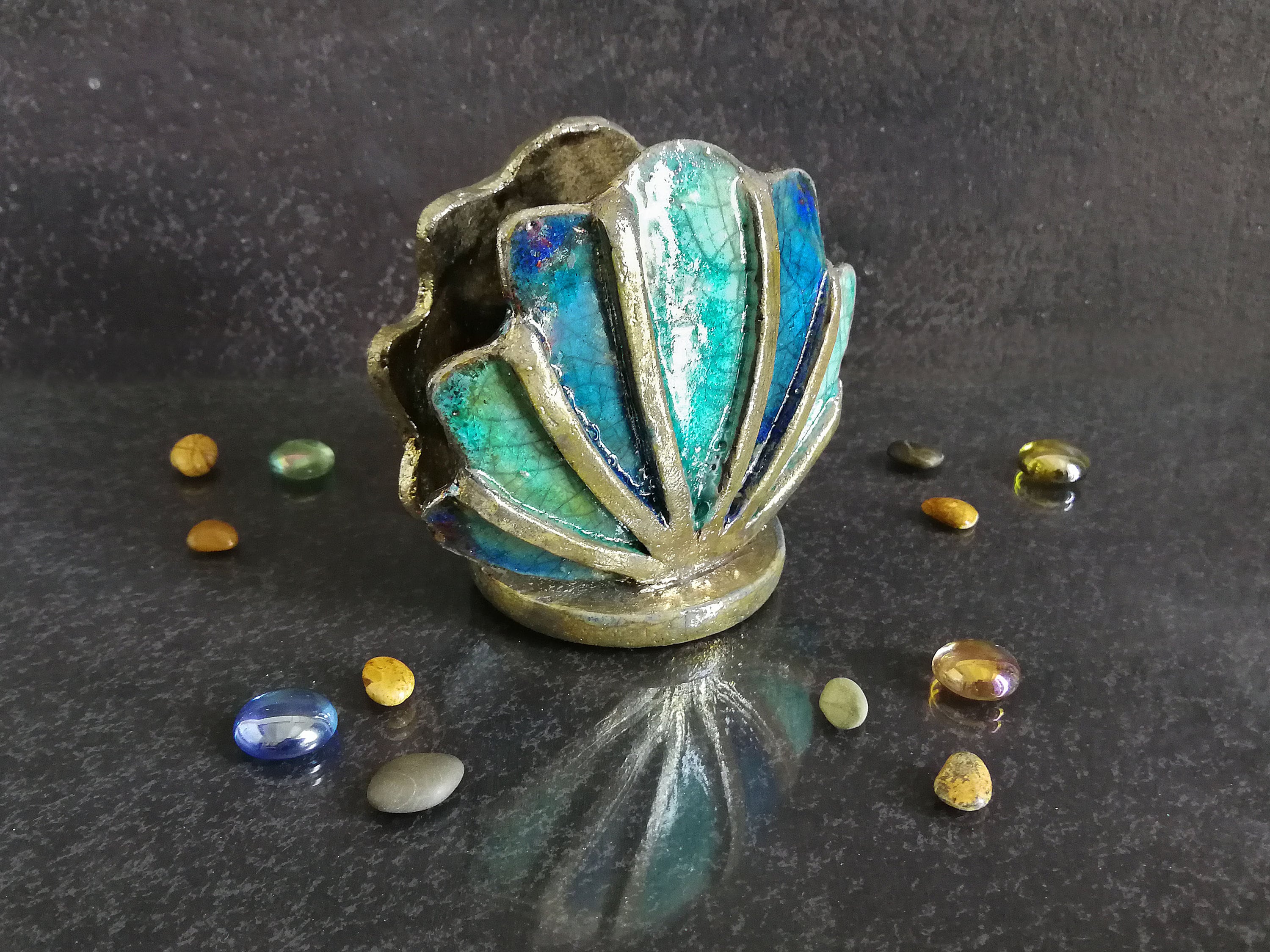 Raku pottery sea shell desk letter holder or sponge holder | Etsy