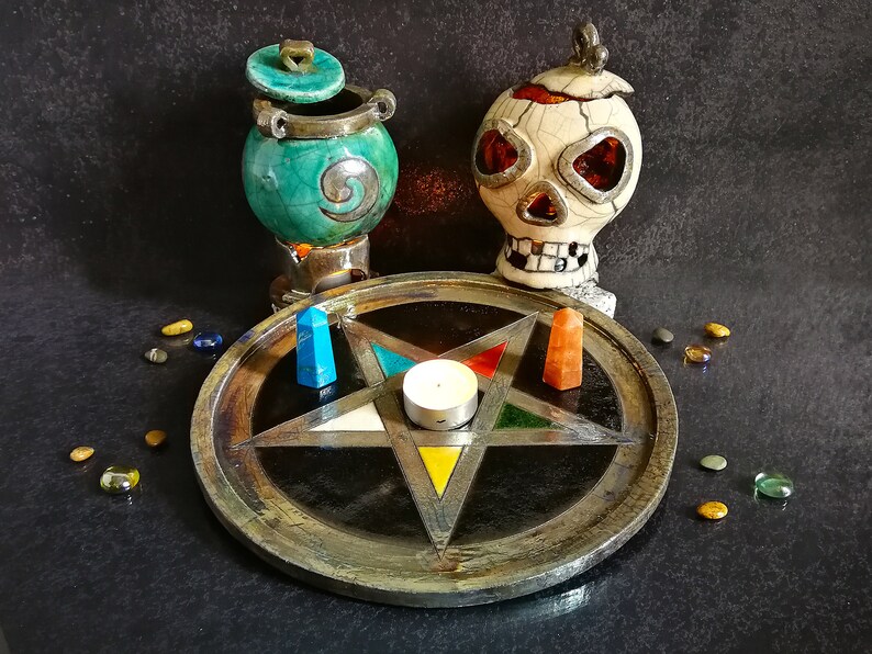 Wiccan Altar Set – Raku Ceramic Pentacle, Cauldron & Skull Candle ...