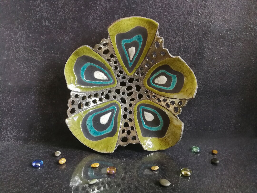 Raku Pottery Decorative Scalloped Platter, Ceramic Pierced Flower Plate ...