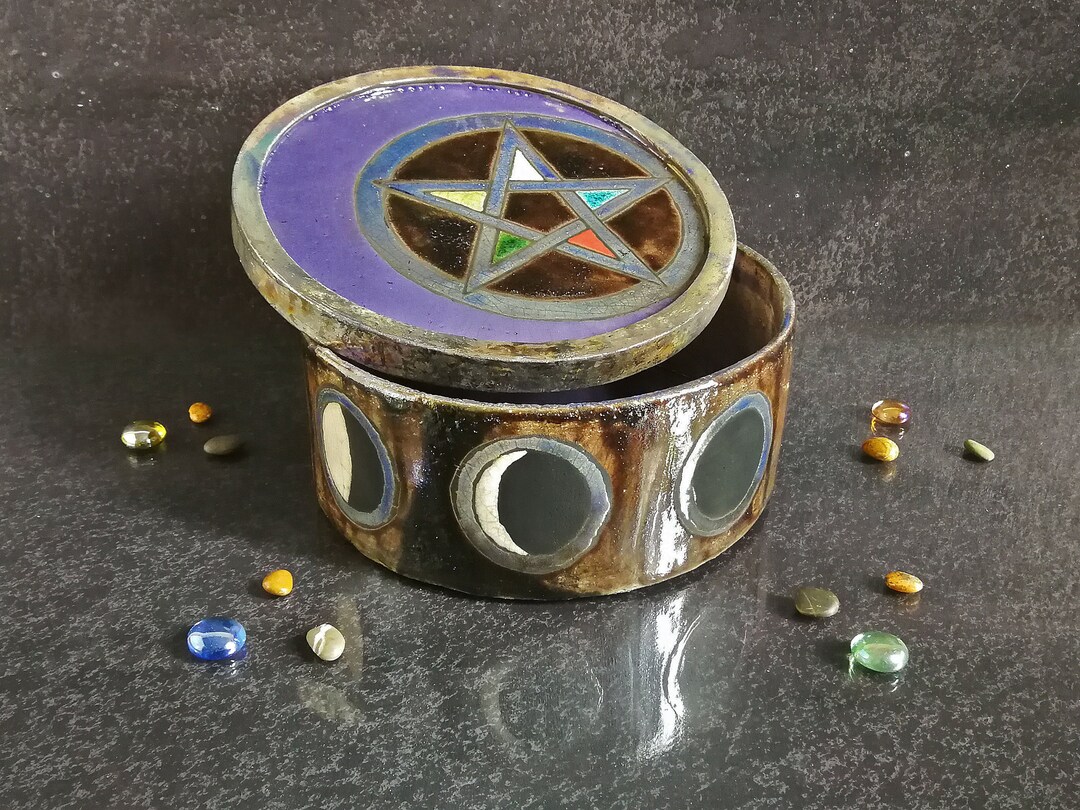 Magic Lunar Pentacle Spellbox - Raku Ceramic Moon Phases Chest & Wiccan ...