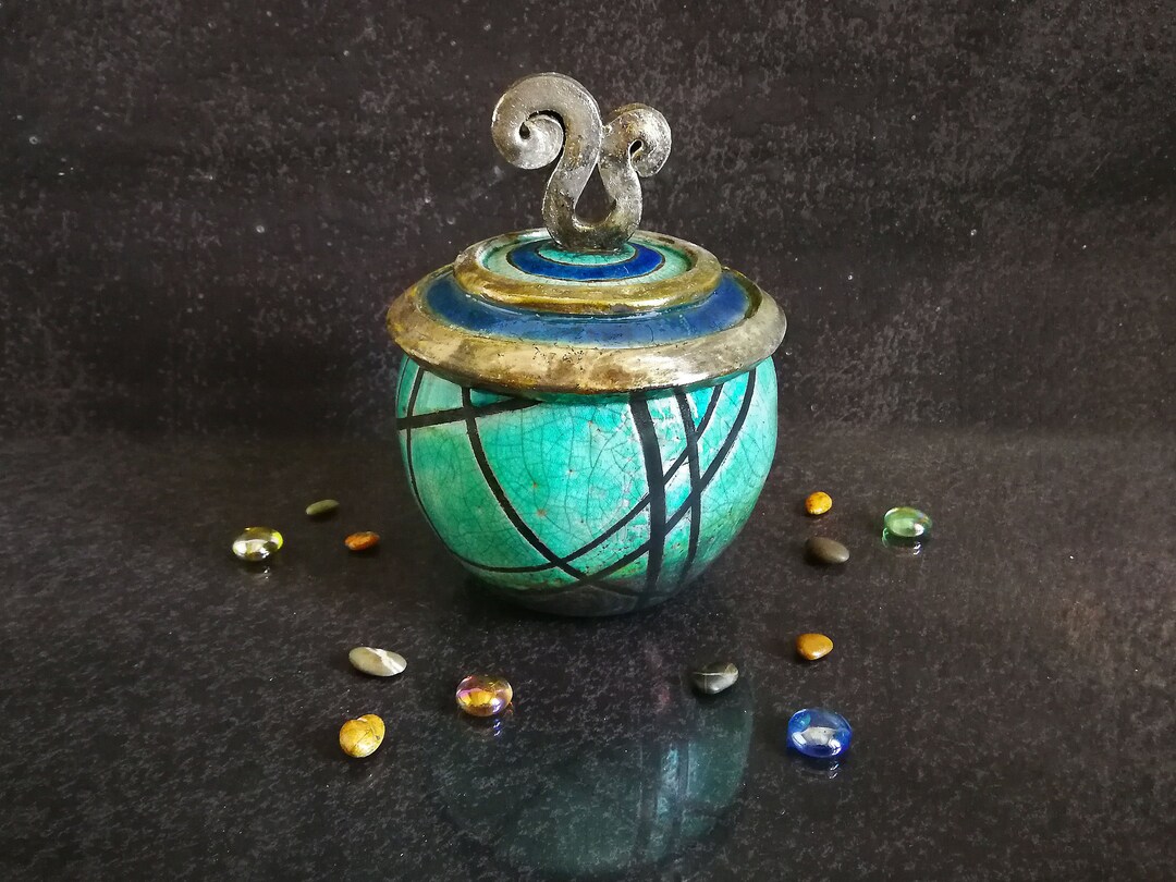 Spherical Raku Ceramic Jewelry Box / Jar With Lid in Geometric ...